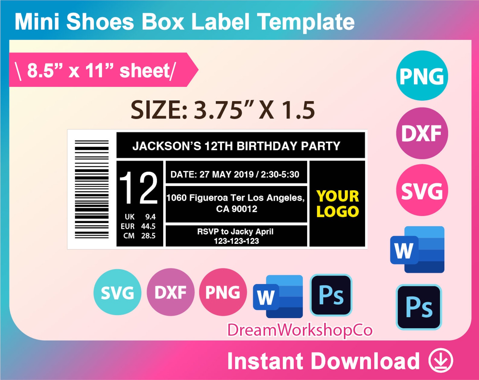 3.75 X 1.5 Mini Shoe Box Label Template SVG DXF - Etsy