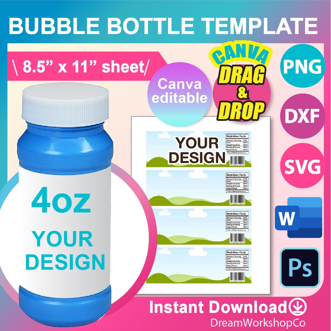 4oz Bubble Bottle Label Template, Sublimation Template, Canva, SVG, DXF ...