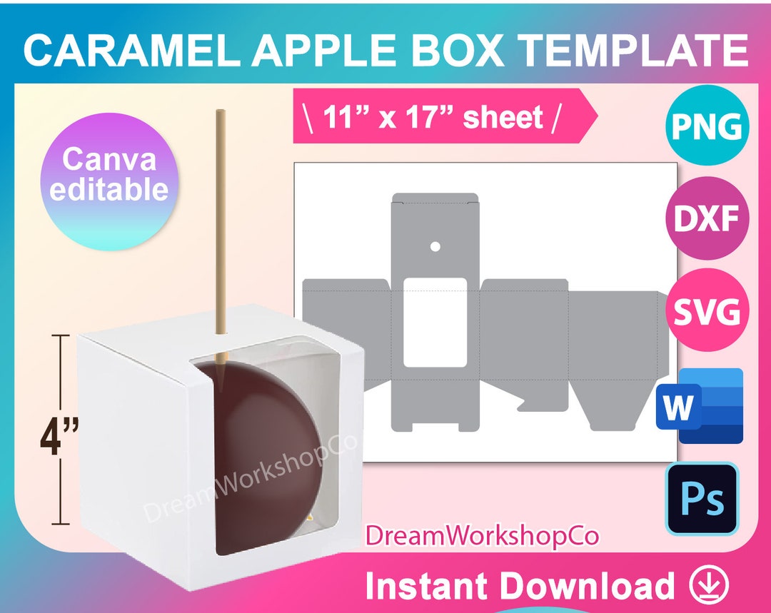 Caramel Apple Box Template: 4x4x4" Printable, Canva, SVG, PNG, PSD ...