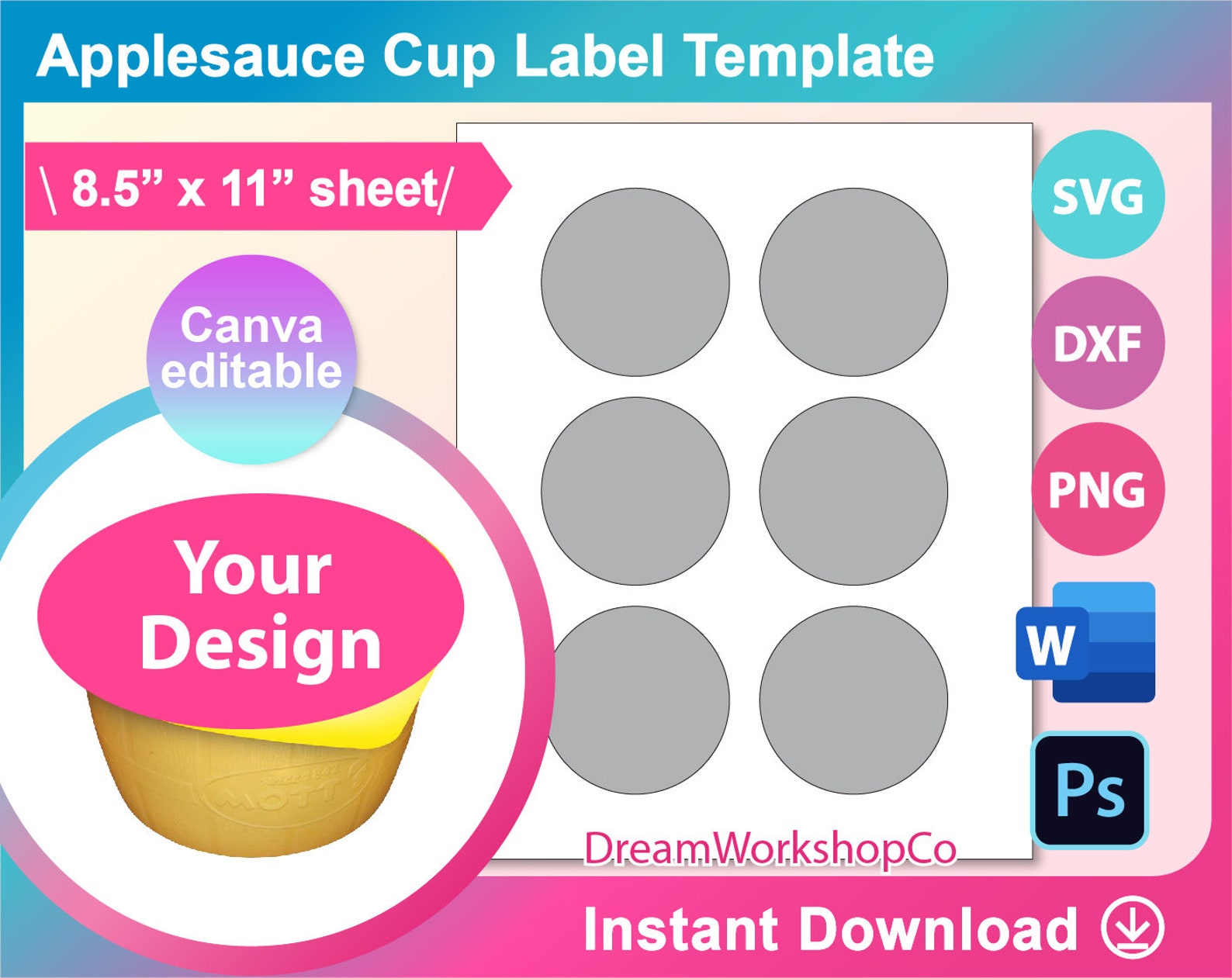 Apple Sauce Cup Label Template (svg, Dxf, Png, Psd, Canva, Ms Word ...