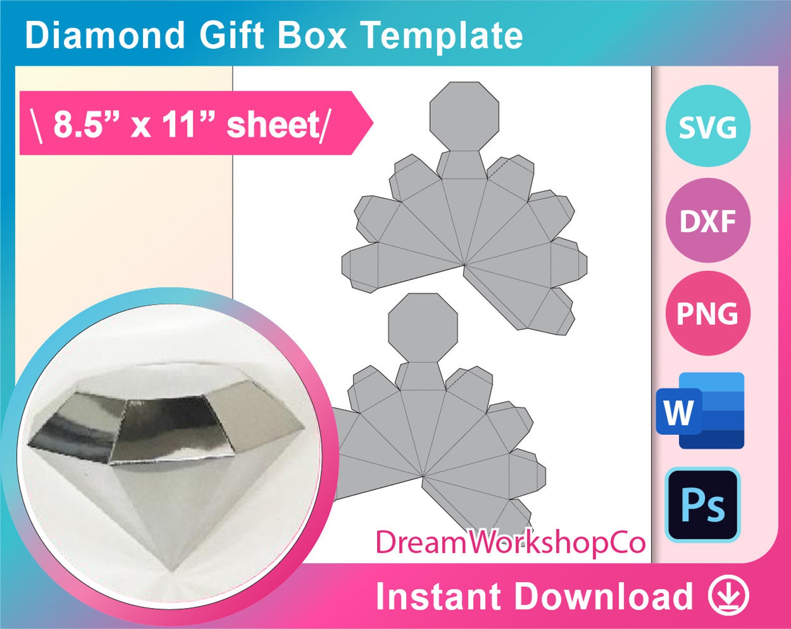 3D Diamond Gift Box Template Candy Box Template. Canva PSD - Etsy