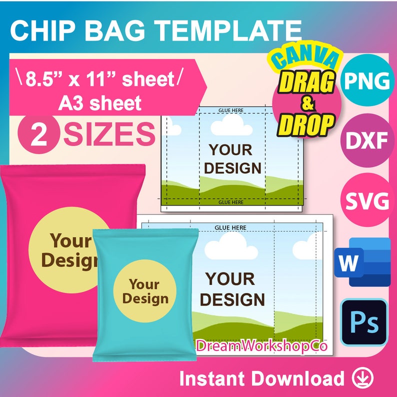 Chip Bag Template (svg, Dxf, Canva, Png, Psd, Docx) (digital Download ...