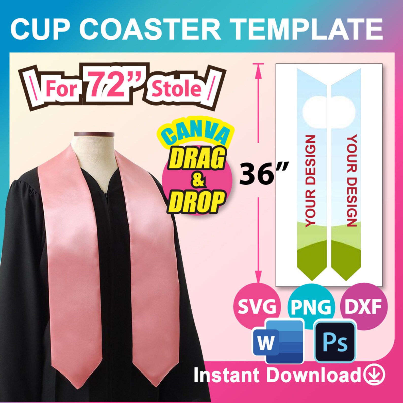 72" Stole Template, Graduation Stole Template, Stole Template SVG PSD ...