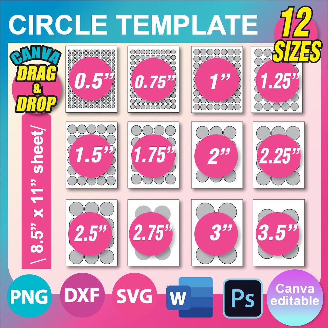 12 Sizes, Circle Labels Template, Canva, SVG, PNG, PSD (instant ...