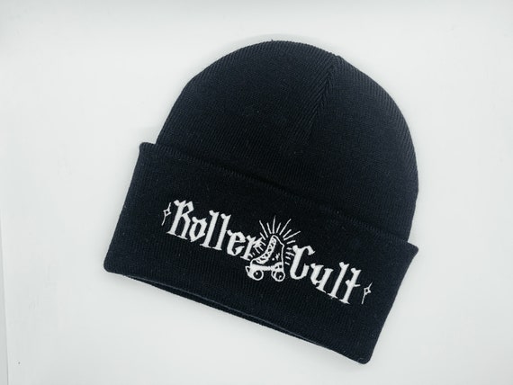 ROLLER CULT BEANIE Black Knitted Beanie With White Thread - Etsy