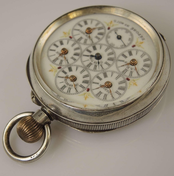 Rare silver WORLD TIME pocket watch c1890 - Gem