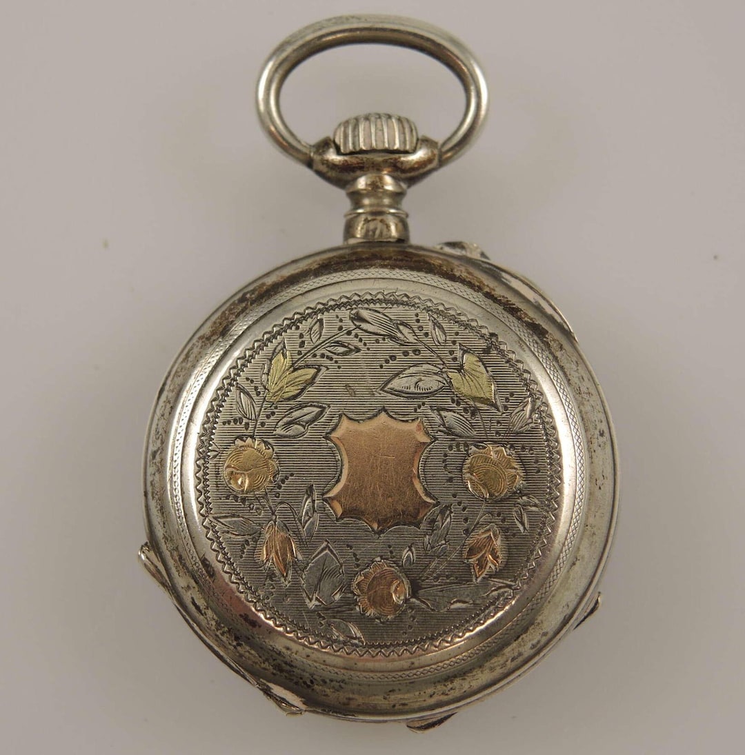 Swiss Ladies Fob Pocket Watch. Silver Case With 3 Colour Gold Inlay ...