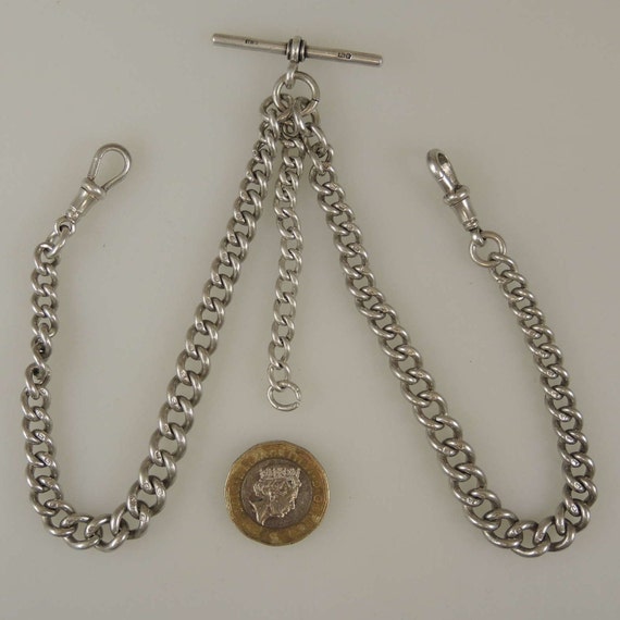Antique English silver double pocket watch chain. 1919 - Gem