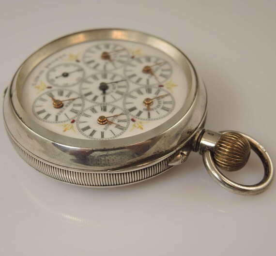 Rare silver WORLD TIME pocket watch c1890 - Gem