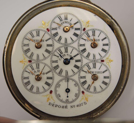 Rare silver WORLD TIME pocket watch c1890 - Gem