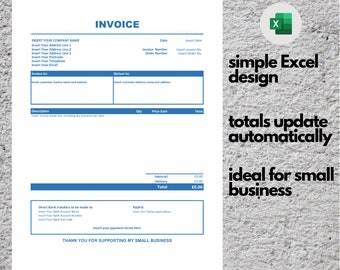 Invoice Template Blue Editable Invoice Printable Invoice Simple Invoice ...