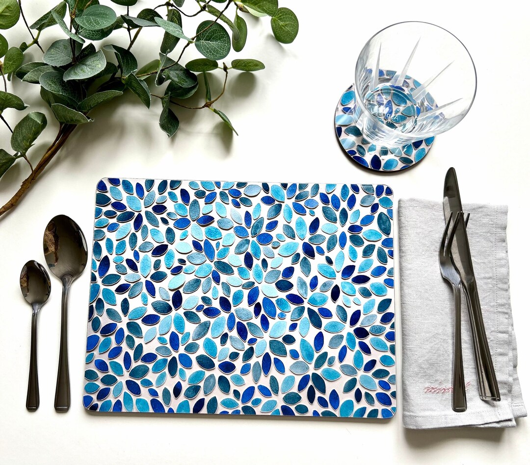Placemats, Set of 4 Cork-backed Placemats, Medium Size Blue and White ...