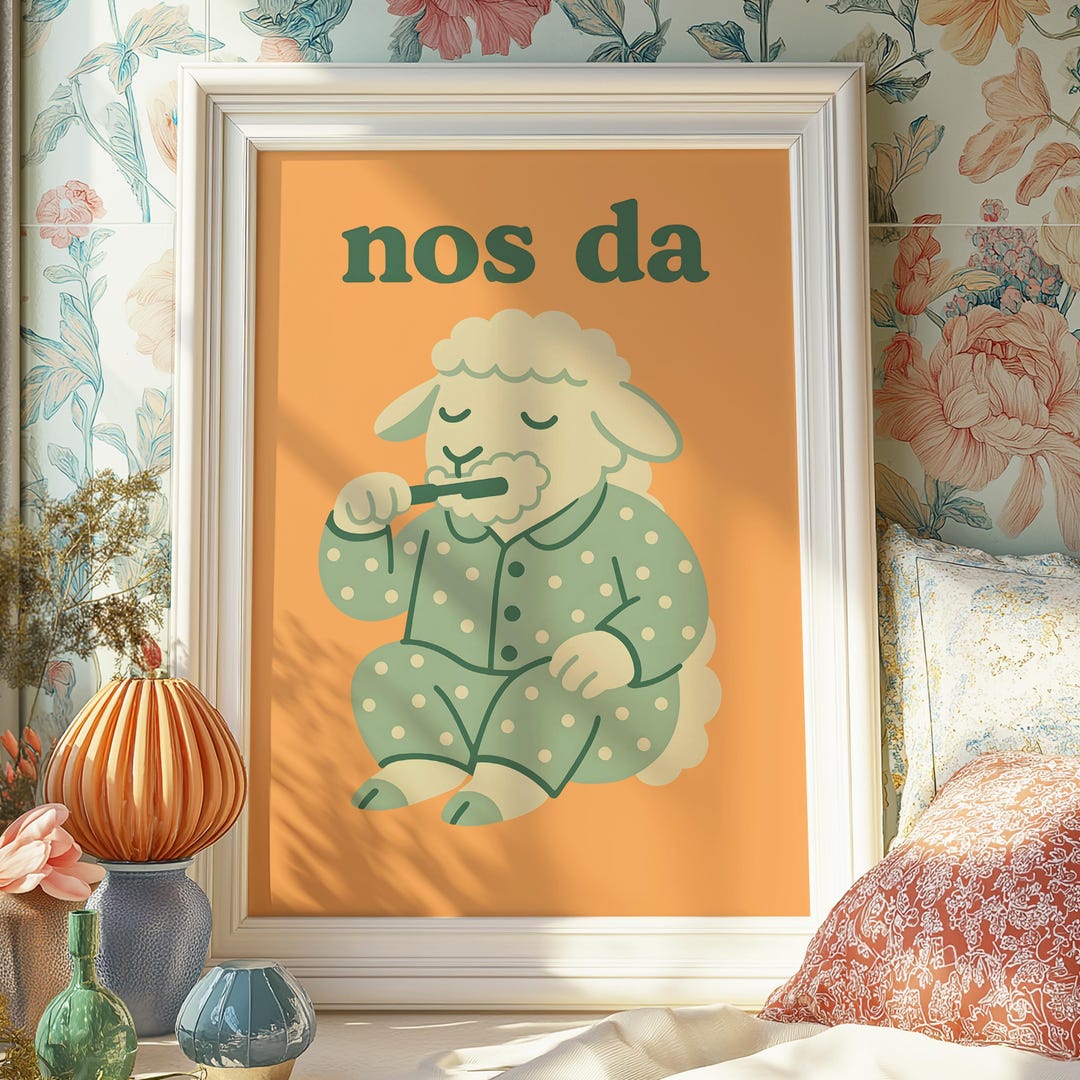 Nos Da Welsh Sheep Wall Art Print, Cute Funny Bedtime Poster, Quirky ...