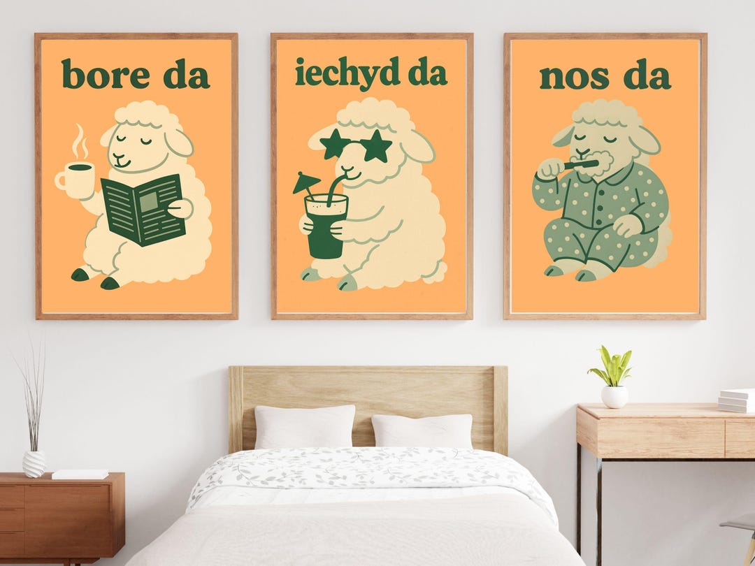 Set of 3 Welsh Sheep Posters | Bore Da, Nos Da, Iechyd Da Wall Art ...