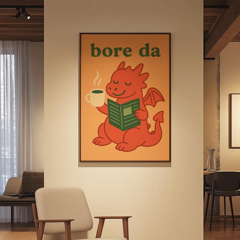 Bore Da Welsh Dragon Print • Cute Morning Coffee Dragon Poster • Funny ...