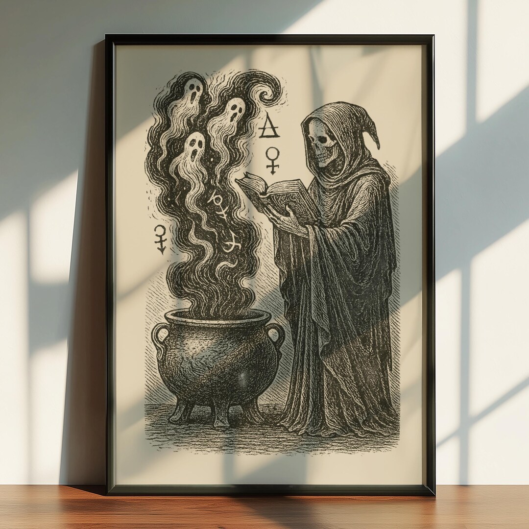 Skeleton Sorcerer Poster – Vintage Occult Wall Art, Gothic Cauldron ...