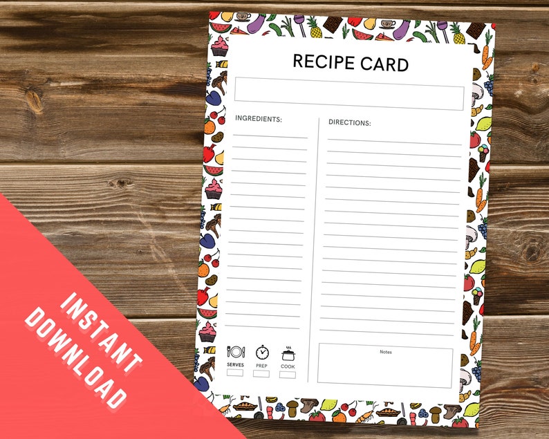 Printable Recipe Card. Blank Recipe Template to Write Ingredients and ...