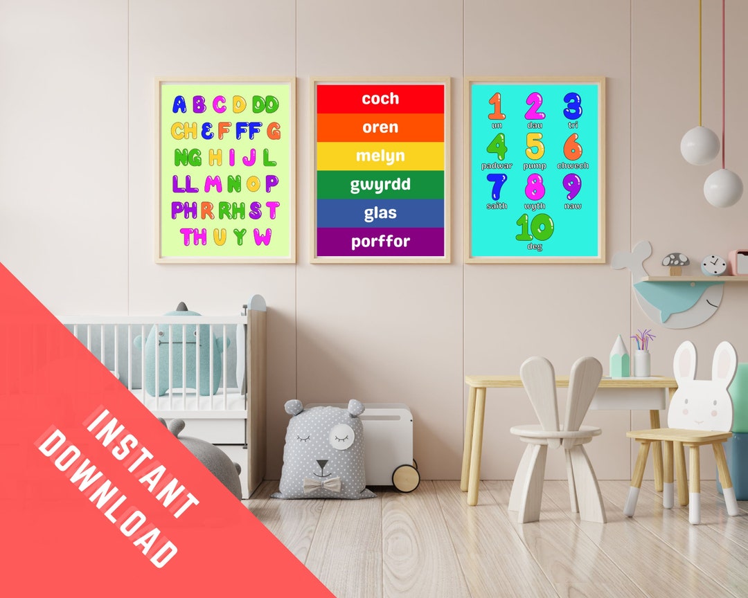 Welsh Alphabet, Numbers and Colours Posters Set. 3 Piece Wall Art Print ...