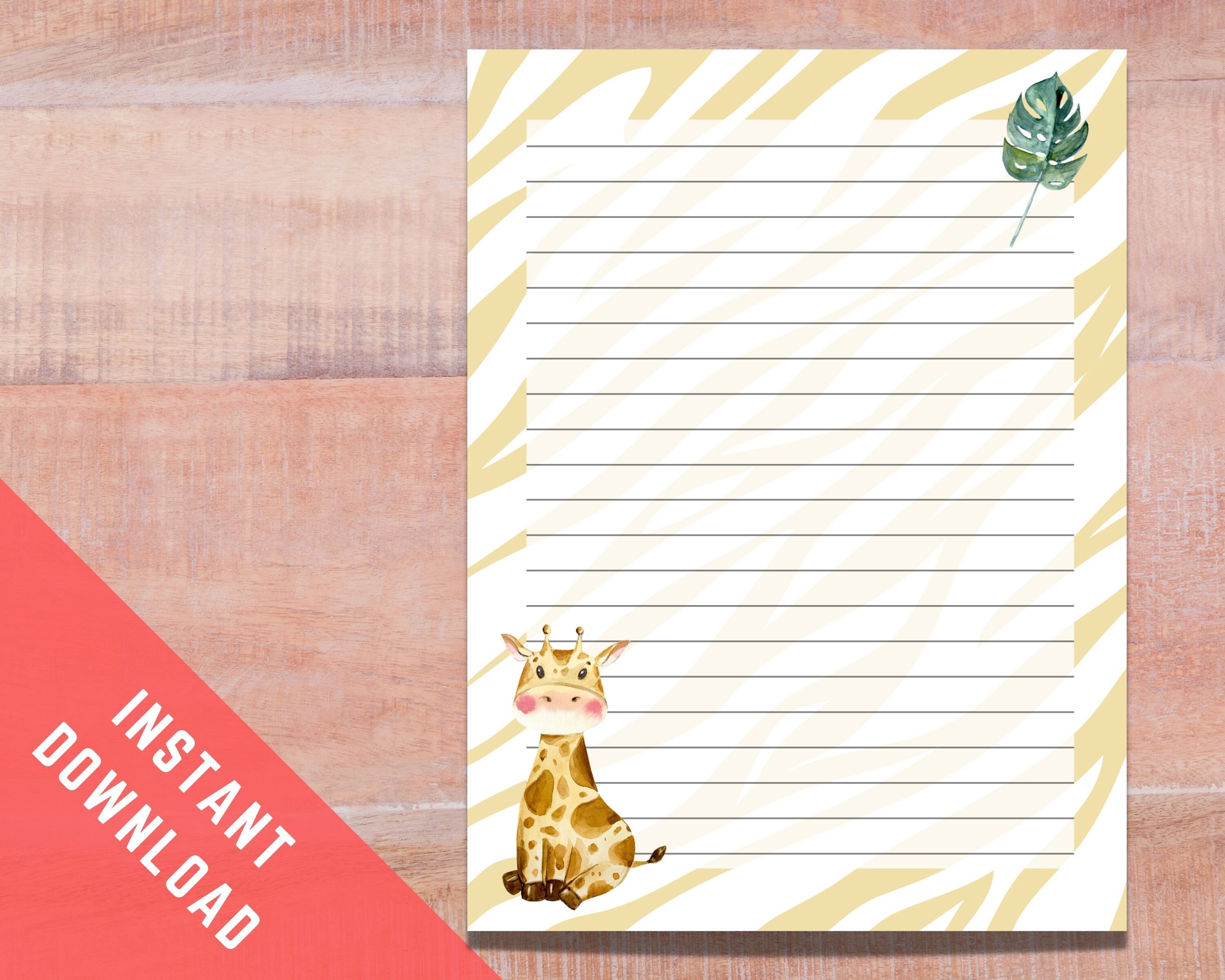 Cute Safari Digital Printable Writing Paper in 3 Sizes. Watercolor ...