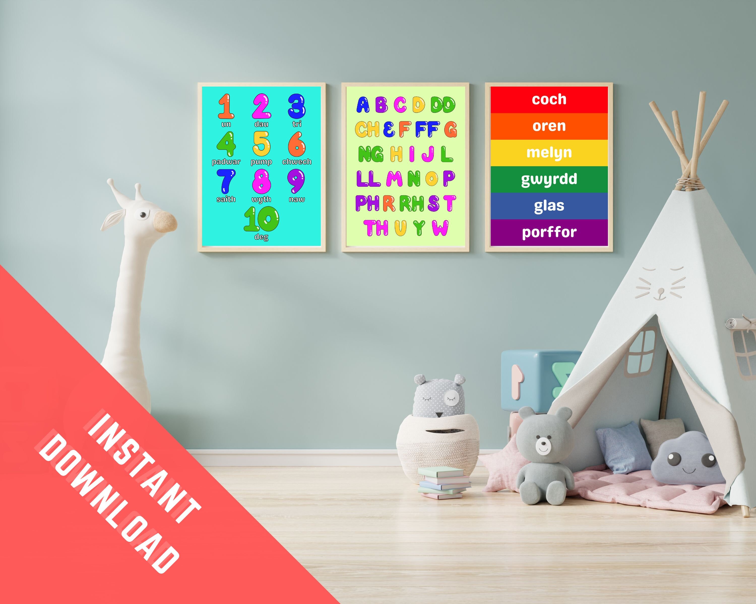 Welsh Alphabet, Numbers and Colours Posters Set. 3 Piece Wall Art Print ...