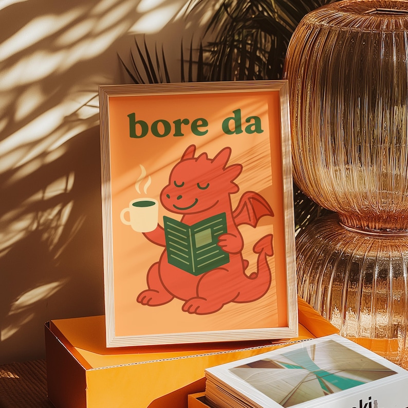 Bore Da Welsh Dragon Print • Cute Morning Coffee Dragon Poster • Funny ...