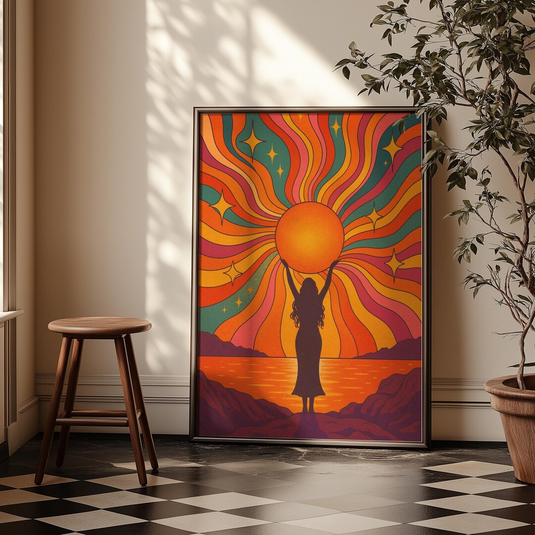 Sun Goddess Retro Boho Wall Art Print | Psychedelic Sunset Poster ...