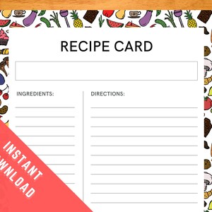 Printable Recipe Card. Blank Recipe Template to Write Ingredients and ...