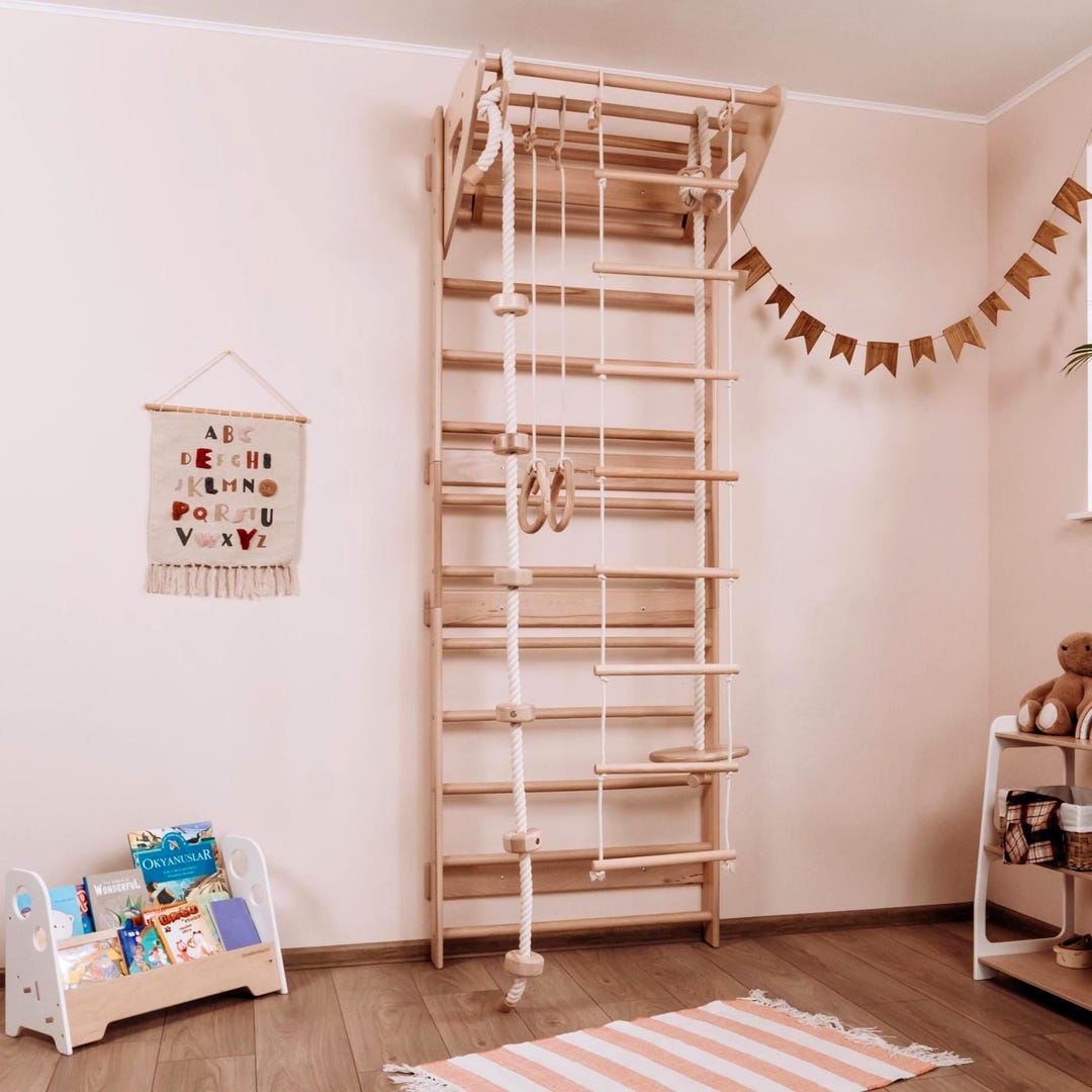 Swedish Ladder for Kids Ages 3+, Adjustable Indoor Wall Gym With Rope ...
