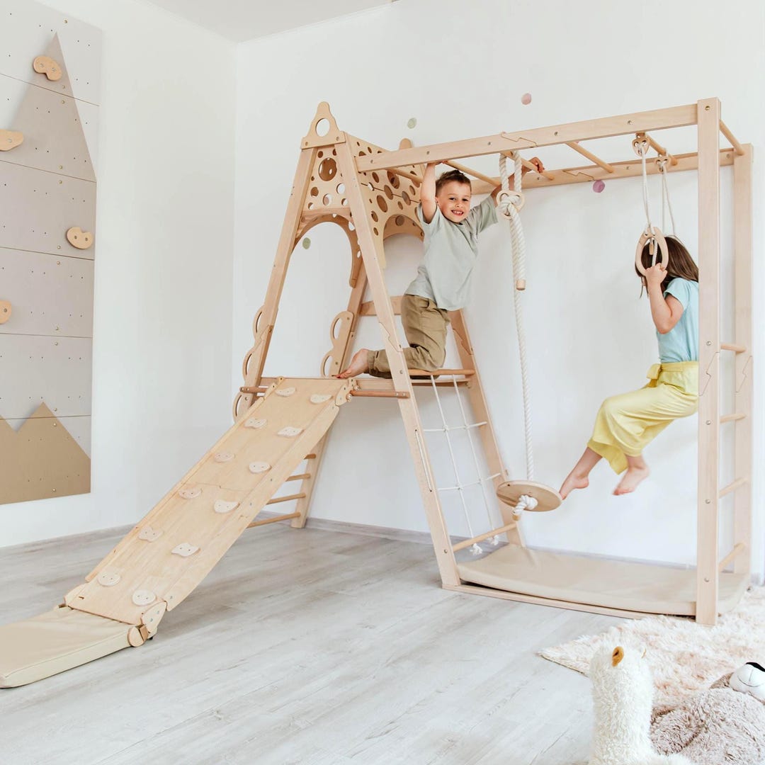 Indoor Jungle Gym Teepee, 7-in-1 Kids Indoor Play Equipment With Slide ...