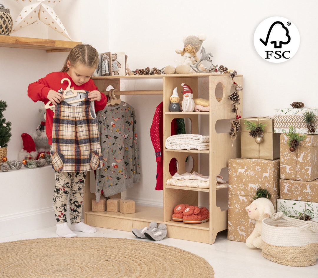 Montessori Wooden Clothes Rack, Kids Wardrobe Set, Child Clothing ...