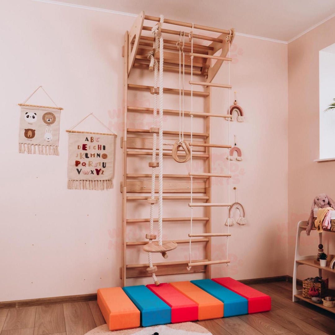Swedish Ladder for Kids, 6-in-1 Indoor Wall Gym With Soft Play Blocks ...