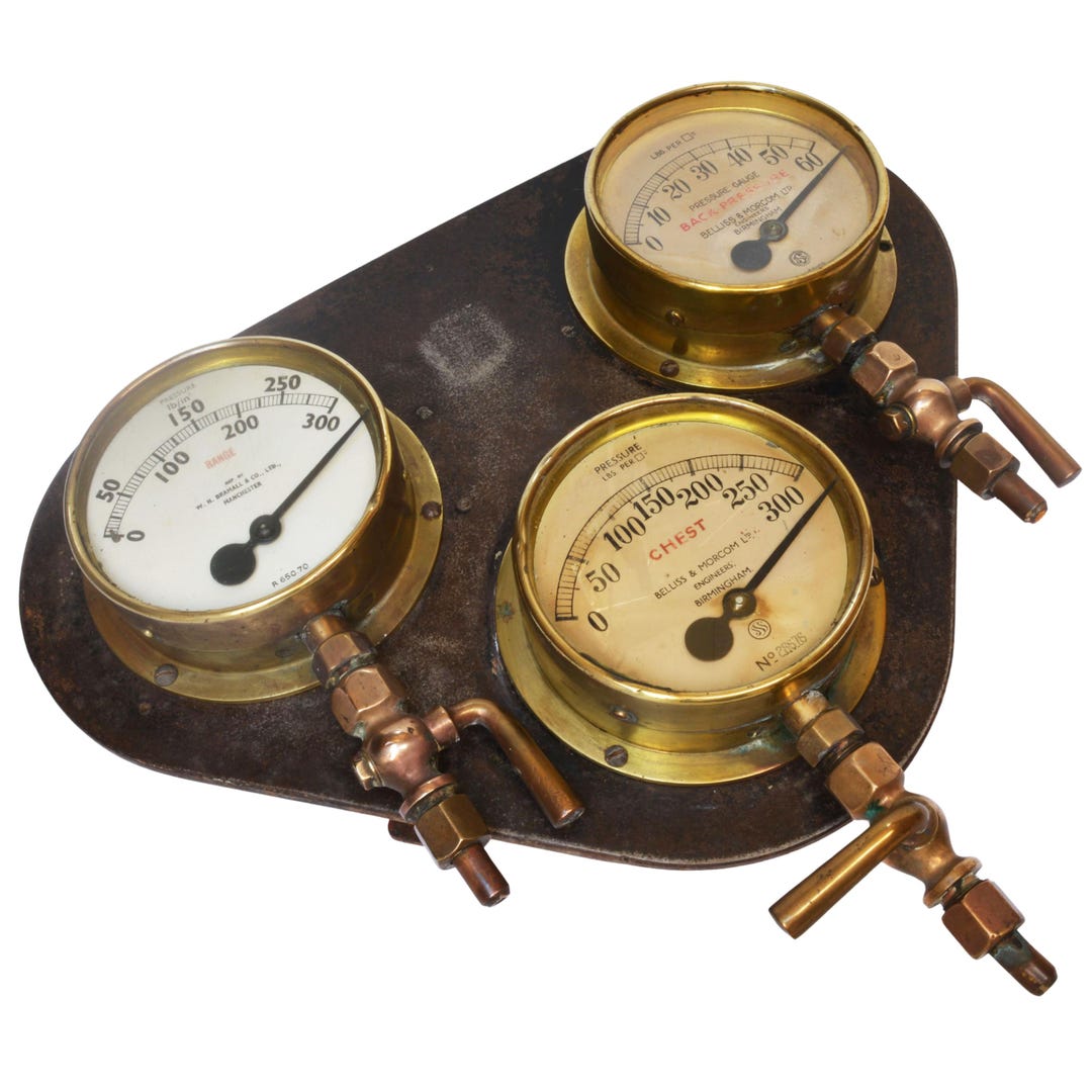 Antique Steam Pressure Gauges With Back Plate, Ex Steam Train, Bellis ...