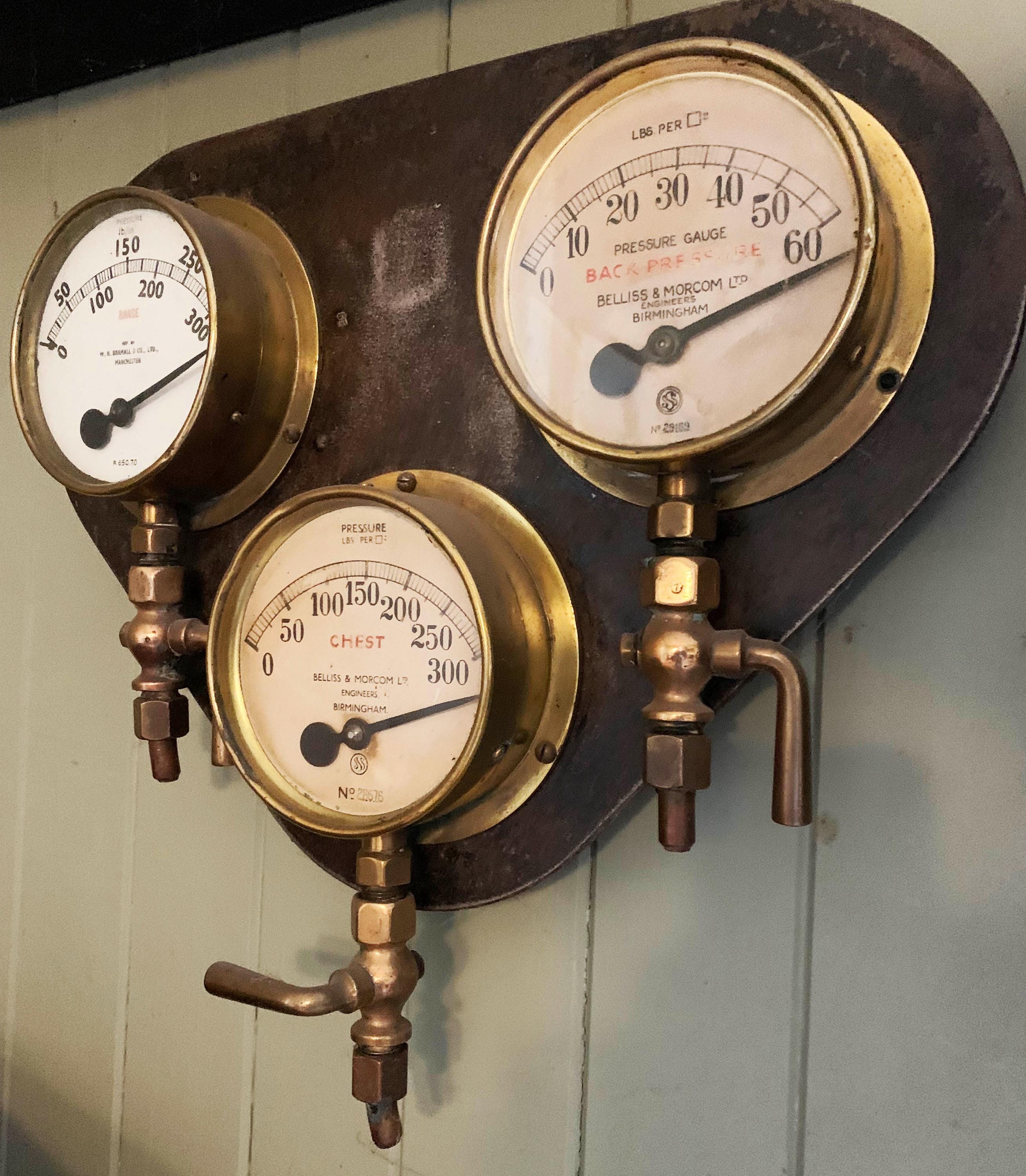 Antique Steam Pressure Gauges With Back Plate, Ex Steam Train, Bellis ...