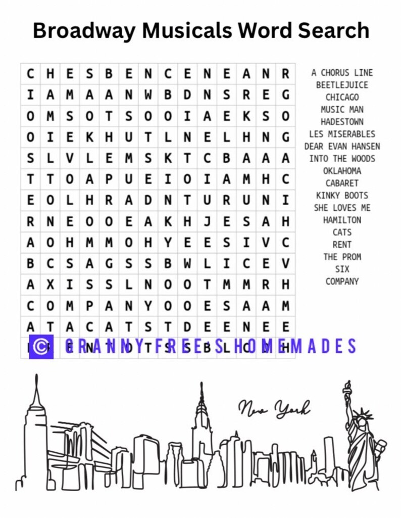 Broadway Musical Word Search Printable, Broadway Parties, Party Games ...