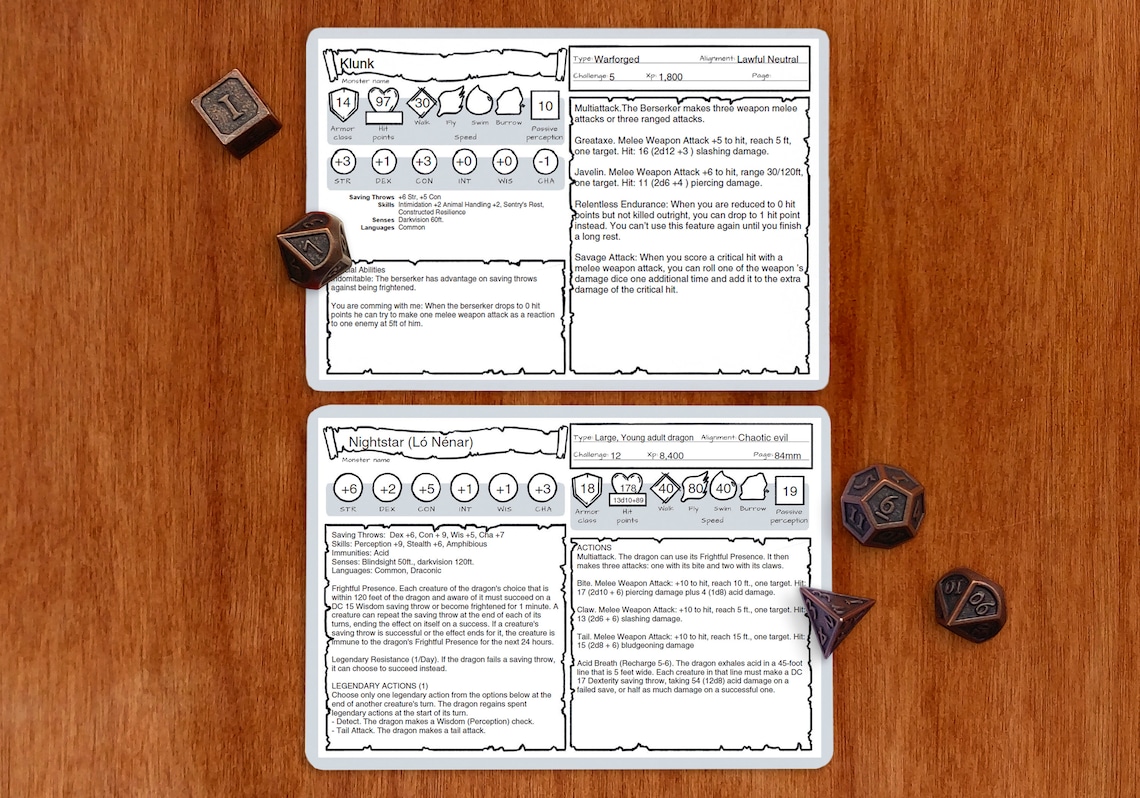 Monster Cards Dnd 5e PDF Fillable Same Size as the | Etsy Australia