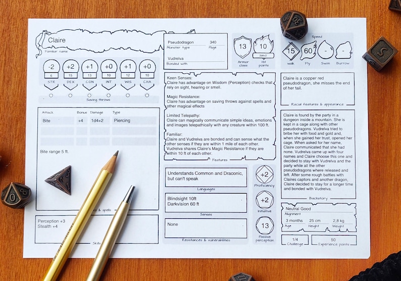 Familiar Character Sheet A5 Dnd 5e PDF Fillable | Etsy Canada