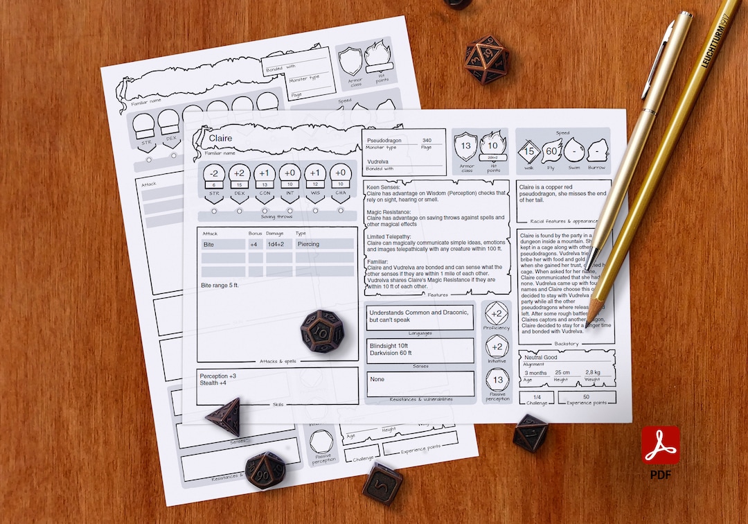 Familiar Character Sheet - A5 | Dnd 5e | PDF | Fillable - Etsy