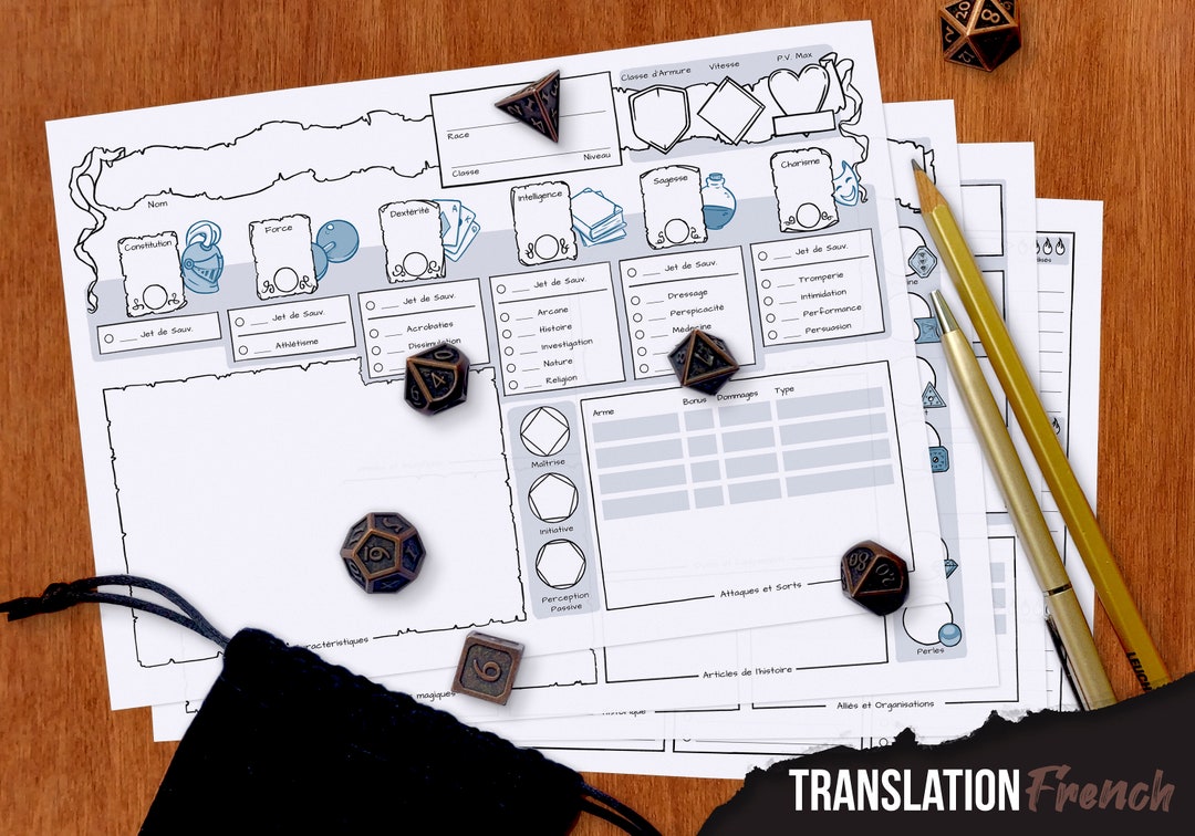 French Character Sheet - France | Dnd 5e | A4/A5 | PDF | Fillable - Etsy