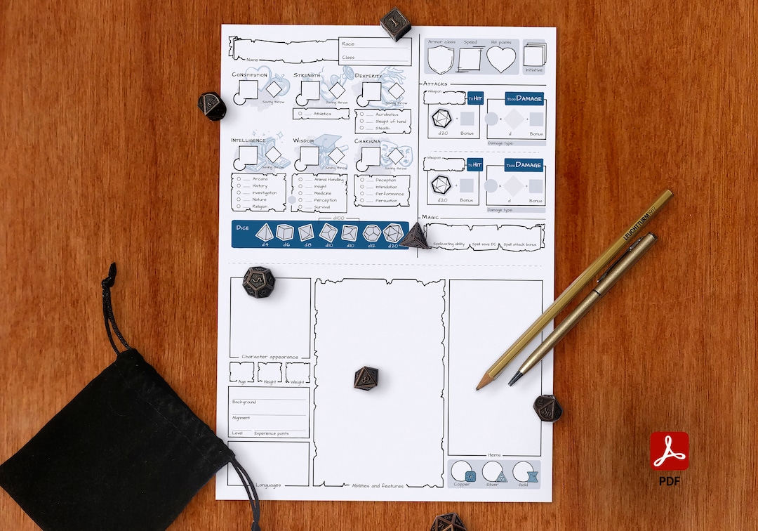 Beginners Character Sheet - Dnd 5e | PDF | Fillable - Etsy