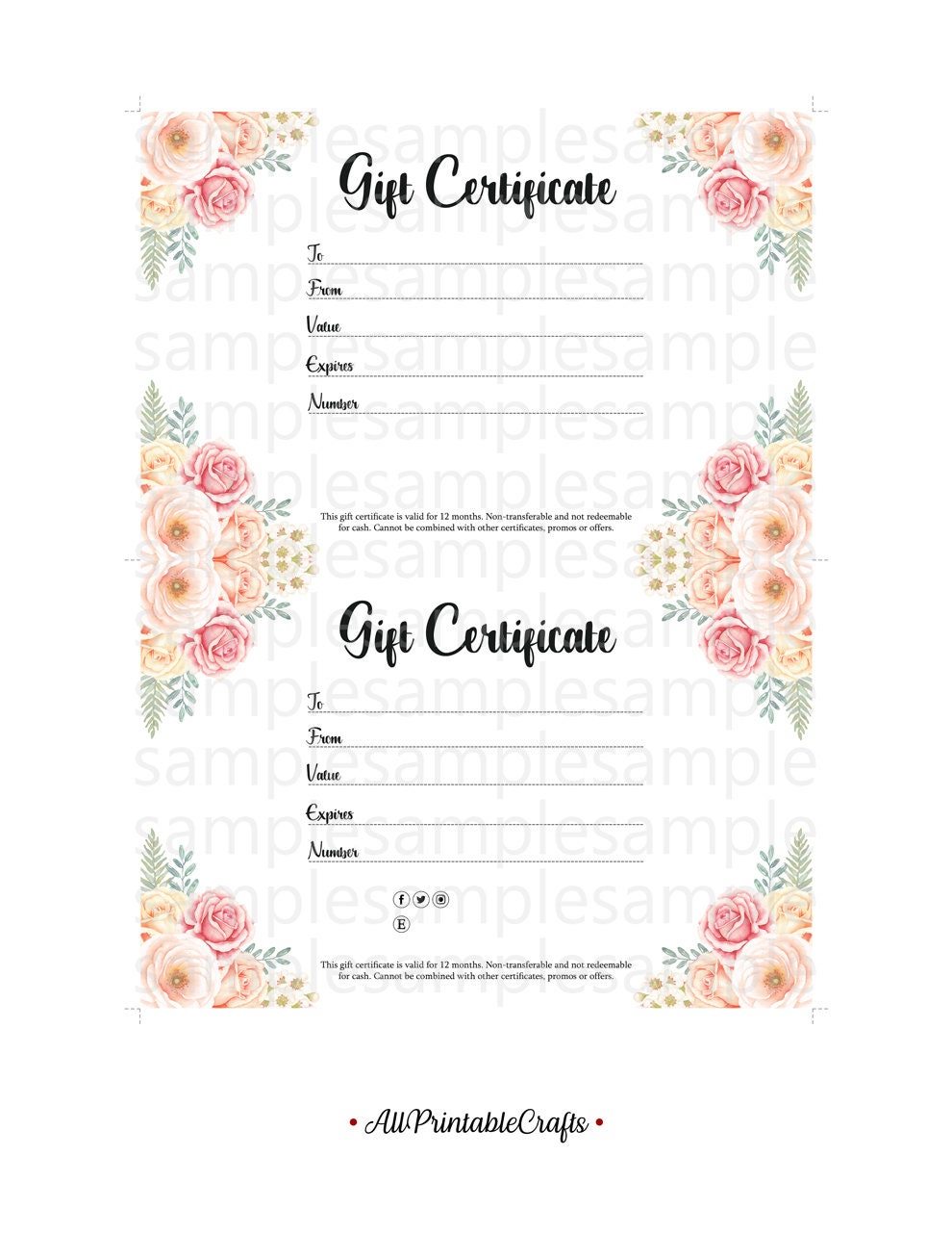 Printable Floral Gift Card Template, Custom Gift Certificate ...