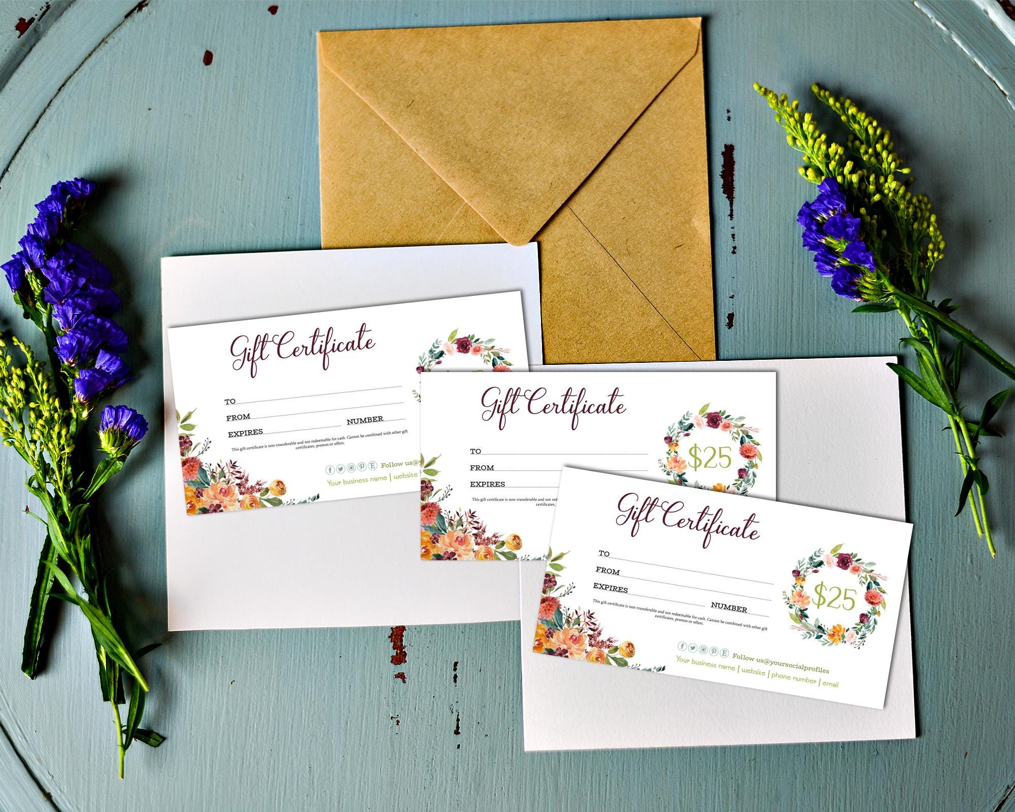 Custom Floral Gift Certificates Printable Watercolor Gift Card Small ...