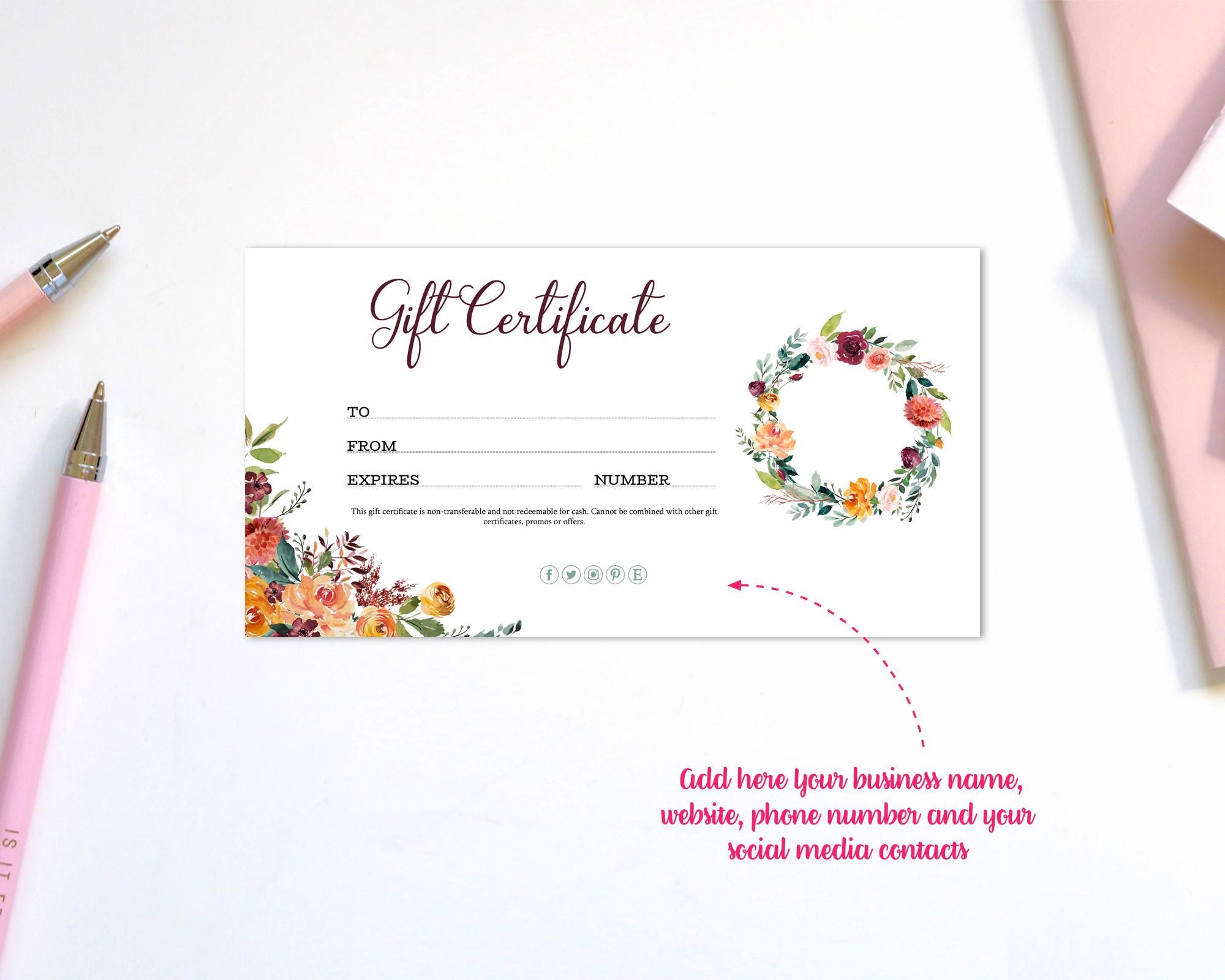 Custom Floral Gift Certificates Printable Watercolor Gift Card Small ...