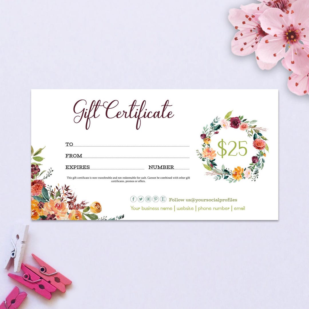 Custom Floral Gift Certificates Printable Watercolor Gift Card Small ...
