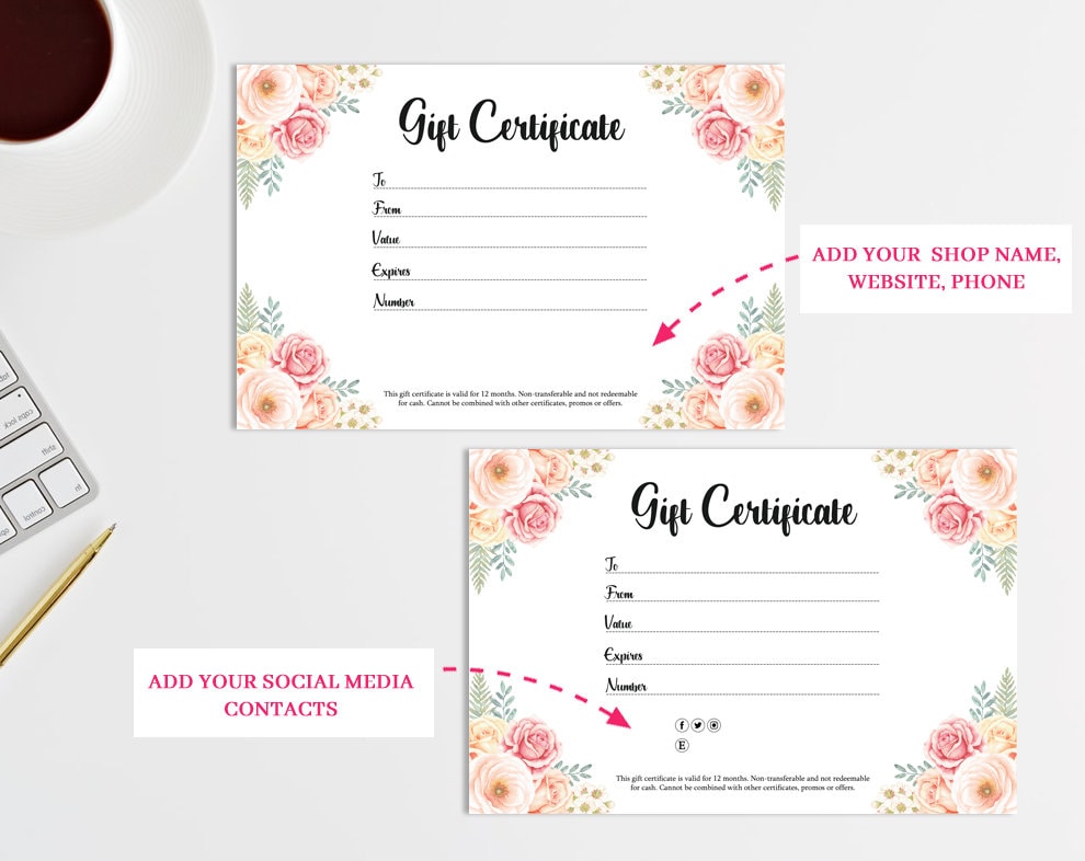 Printable Floral Gift Card Template, Custom Gift Certificate ...