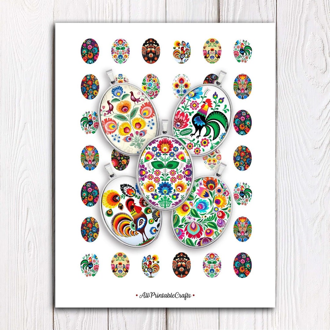 Printable Collage Sheet Folk Art, Folklore Flowers Cabochon Images for ...