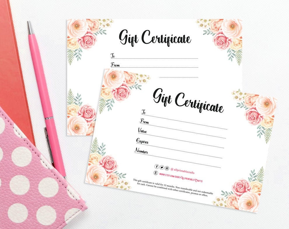 Printable Floral Gift Card Template, Custom Gift Certificate ...