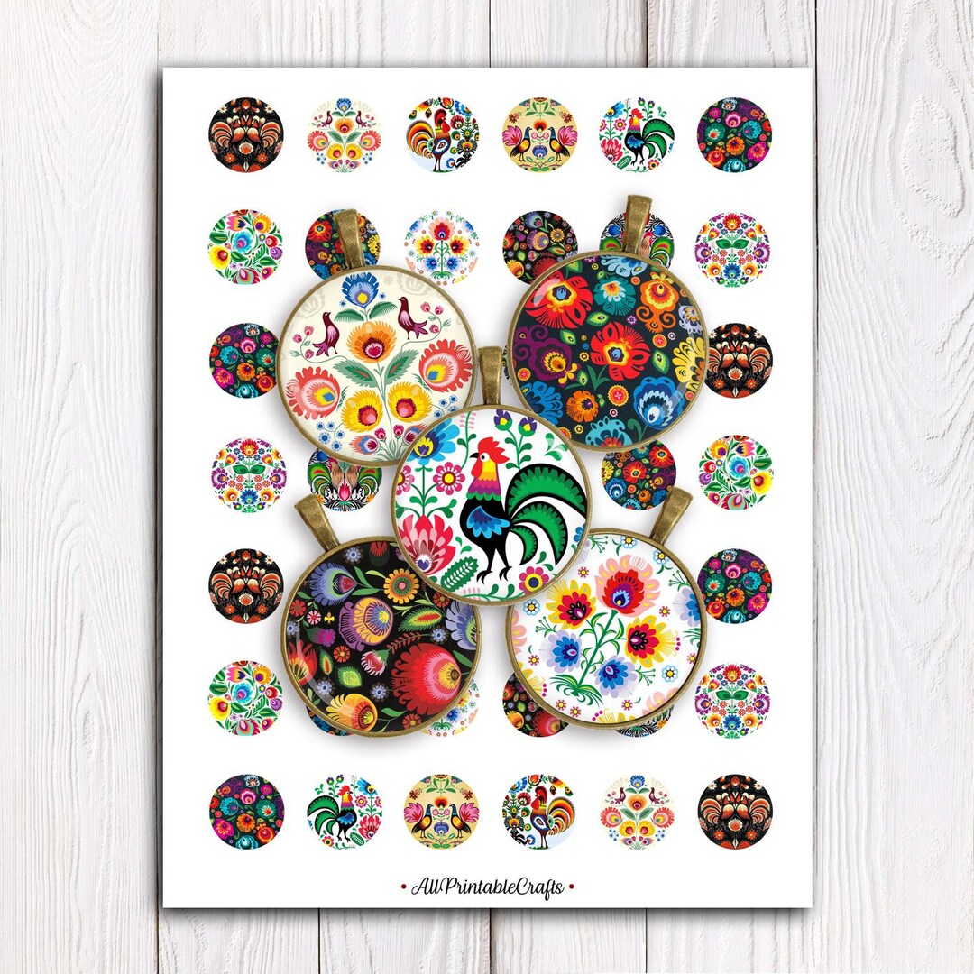 Folk Art Printable Collage Sheet, Folklore Flowers Cabochon Images for ...