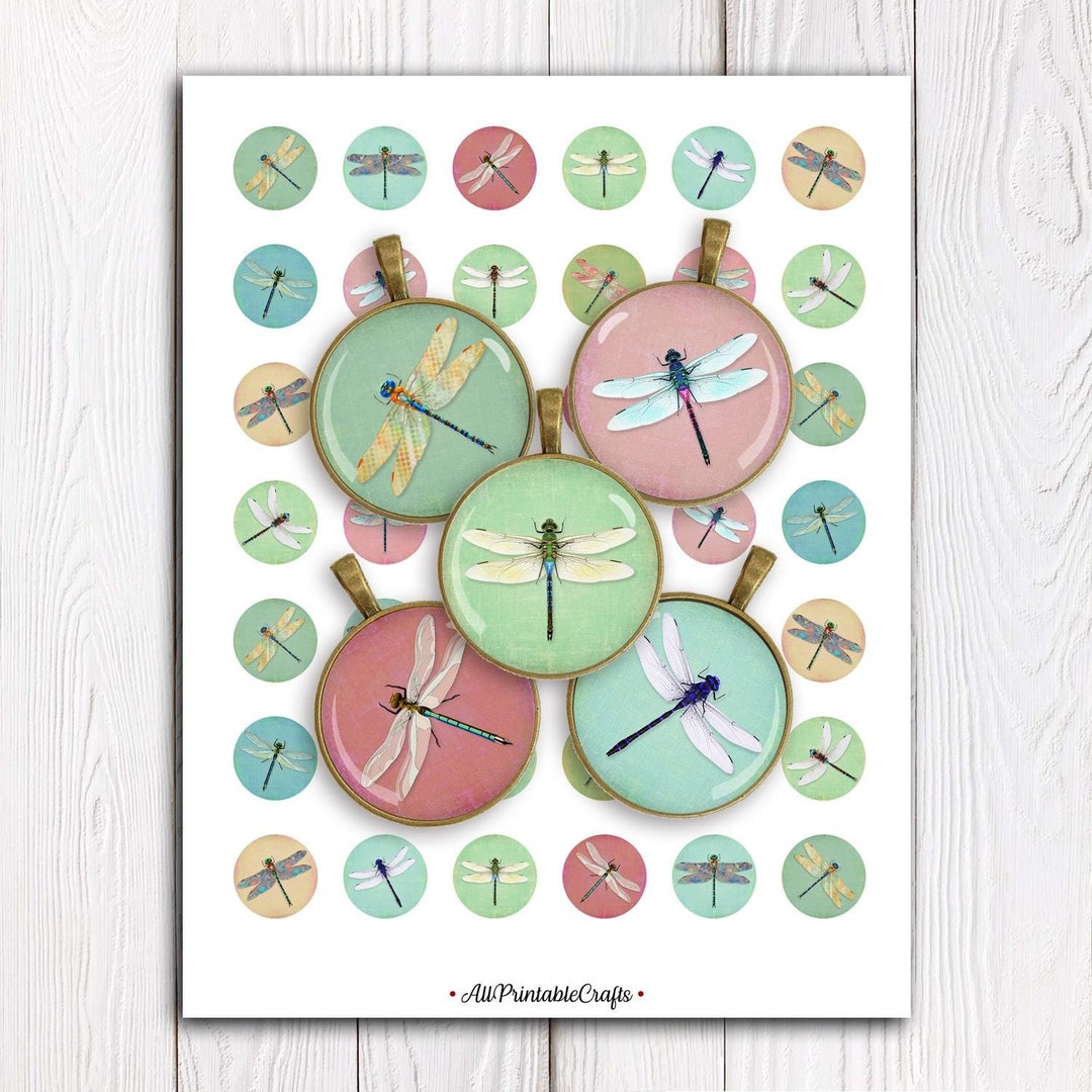 Dragonflies Round Circle Images 30mm, 25mm, 20mm, Digital Collage Sheet ...