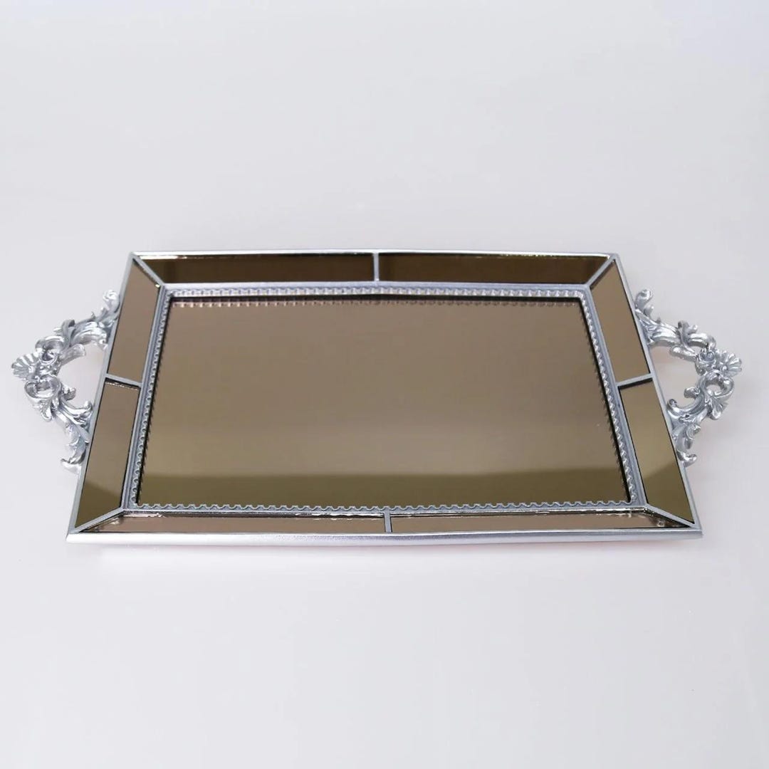 Julia Luxury Silver Mirrored Tray With Ornate Handles for Vanity or ...