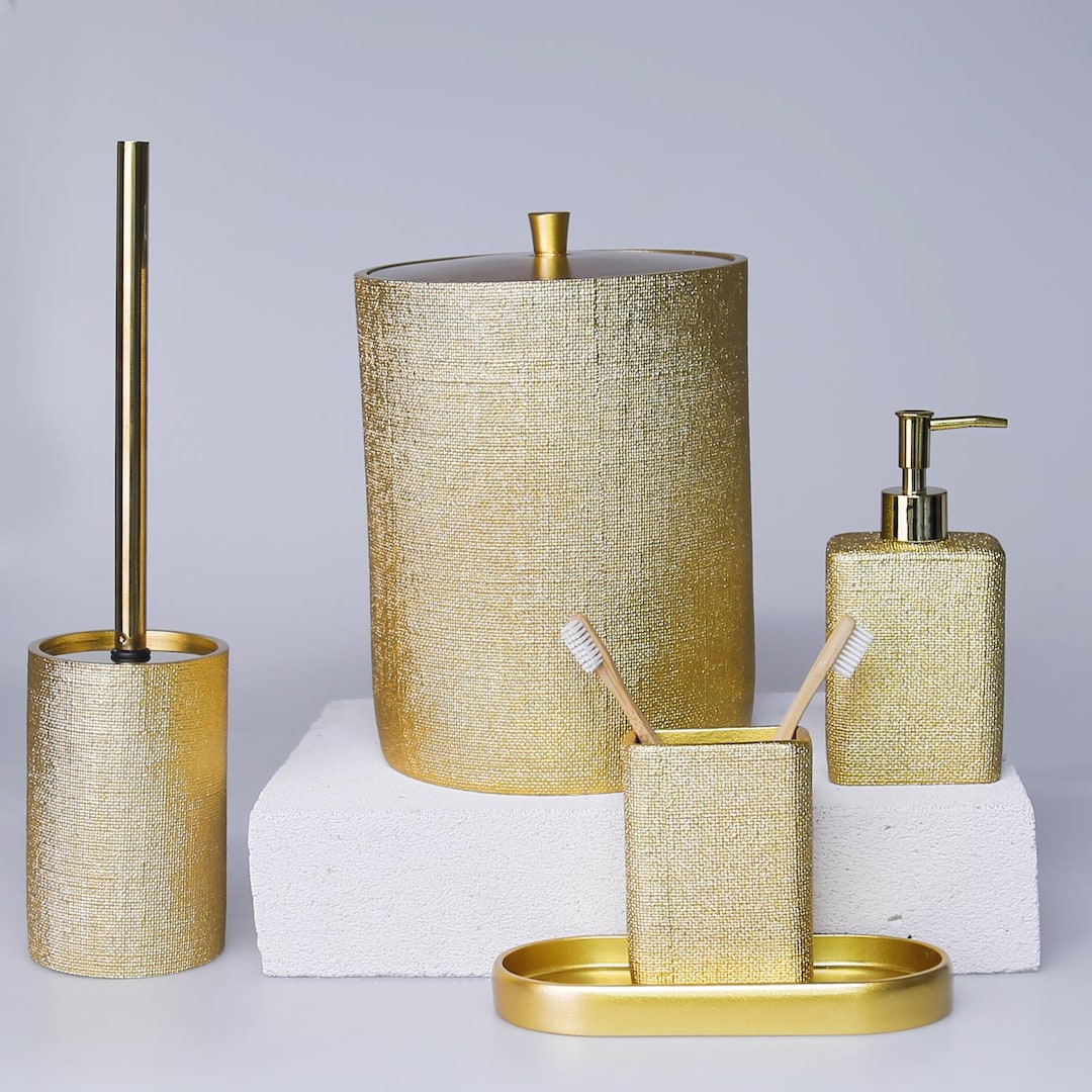 Linen Luxury Gold Bathroom Accessories Set / 5-pieces Bath Set With ...